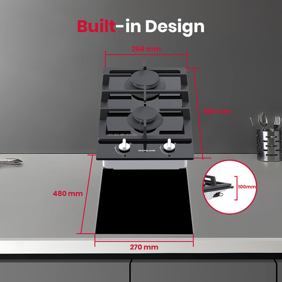 GASLAND Chef 30cm Glass Gas Cooktop 2 Burner Black Tempered Glass Built ...