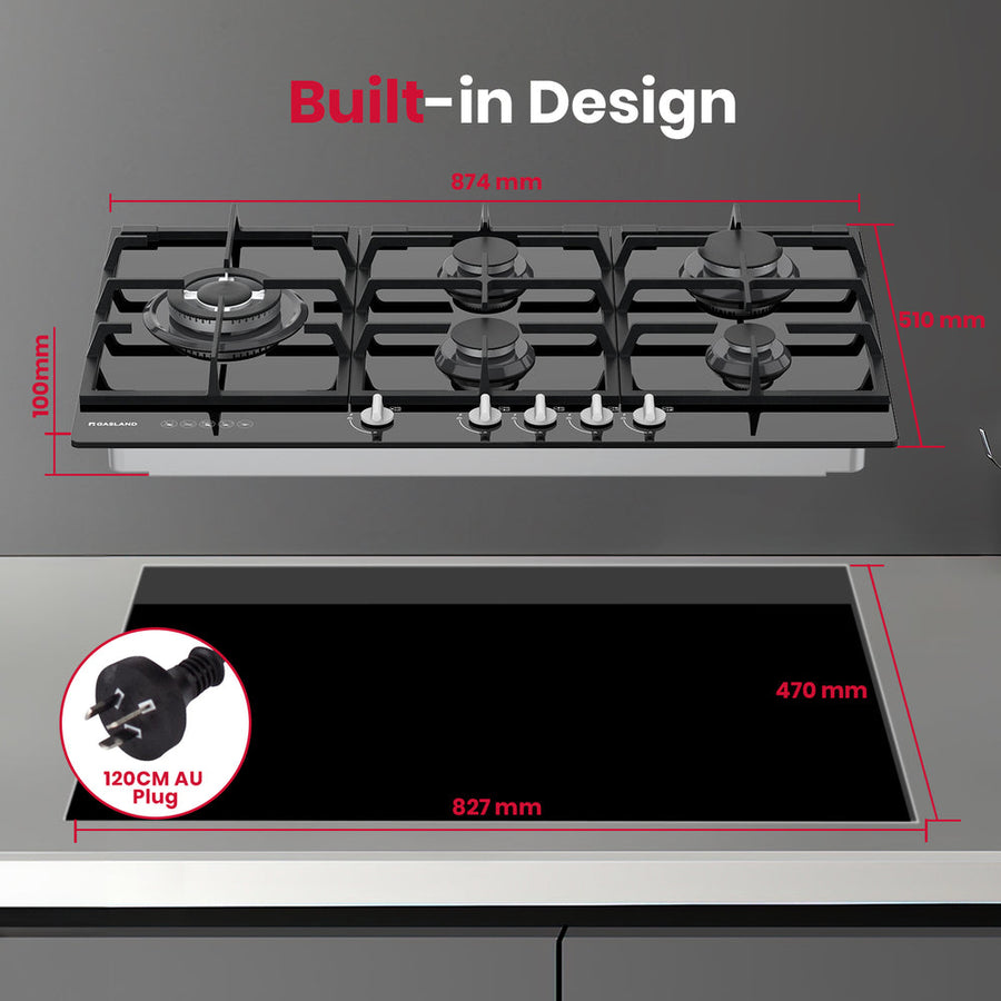 GASLAND 90cm 5 Burner Black Tempered Glass Gas Cooktop – Built-In LPG/NG AU