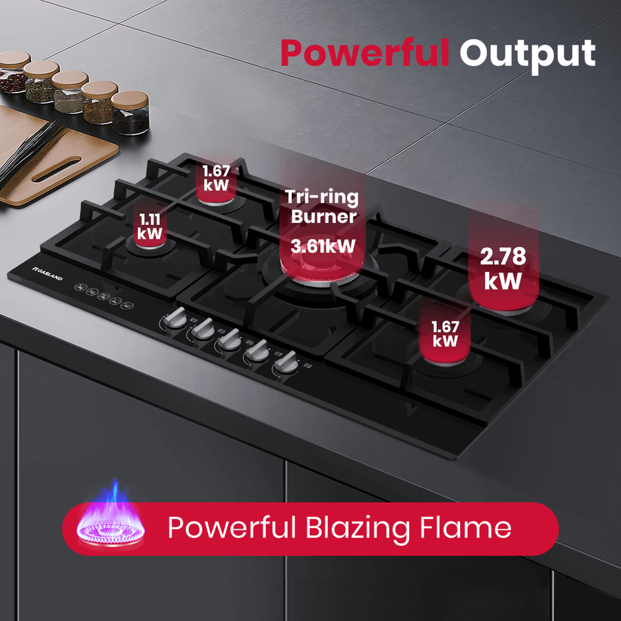 GASLAND Chef 5 Burner Gas Cooktop 90cm Black Tempered Glass Built-in ...